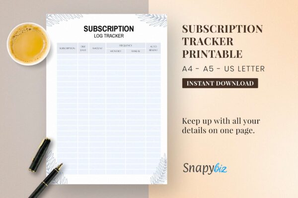 Subscription Tracker Printable Planner | SnapyBiz