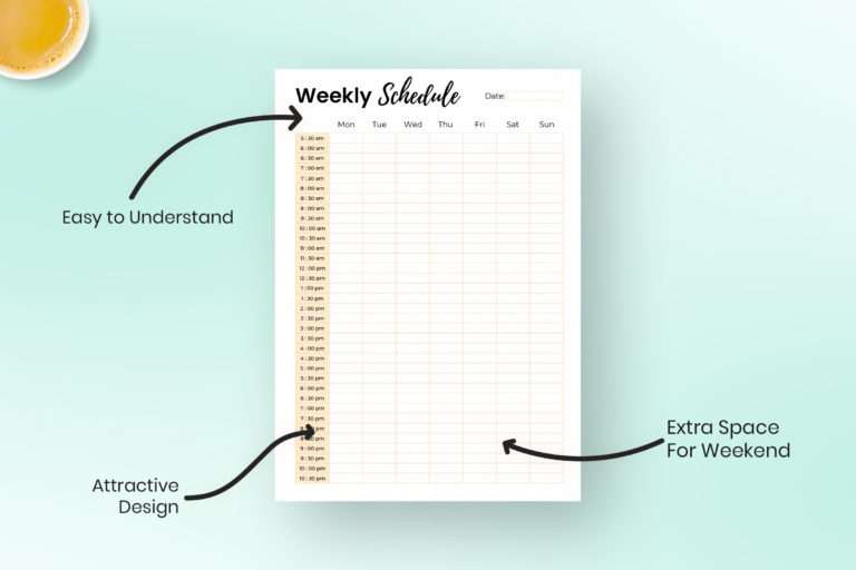 Editable Half-Hour Weekly Schedule