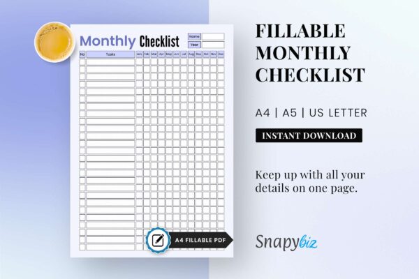 Monthly Checklist Printable Planner PDF