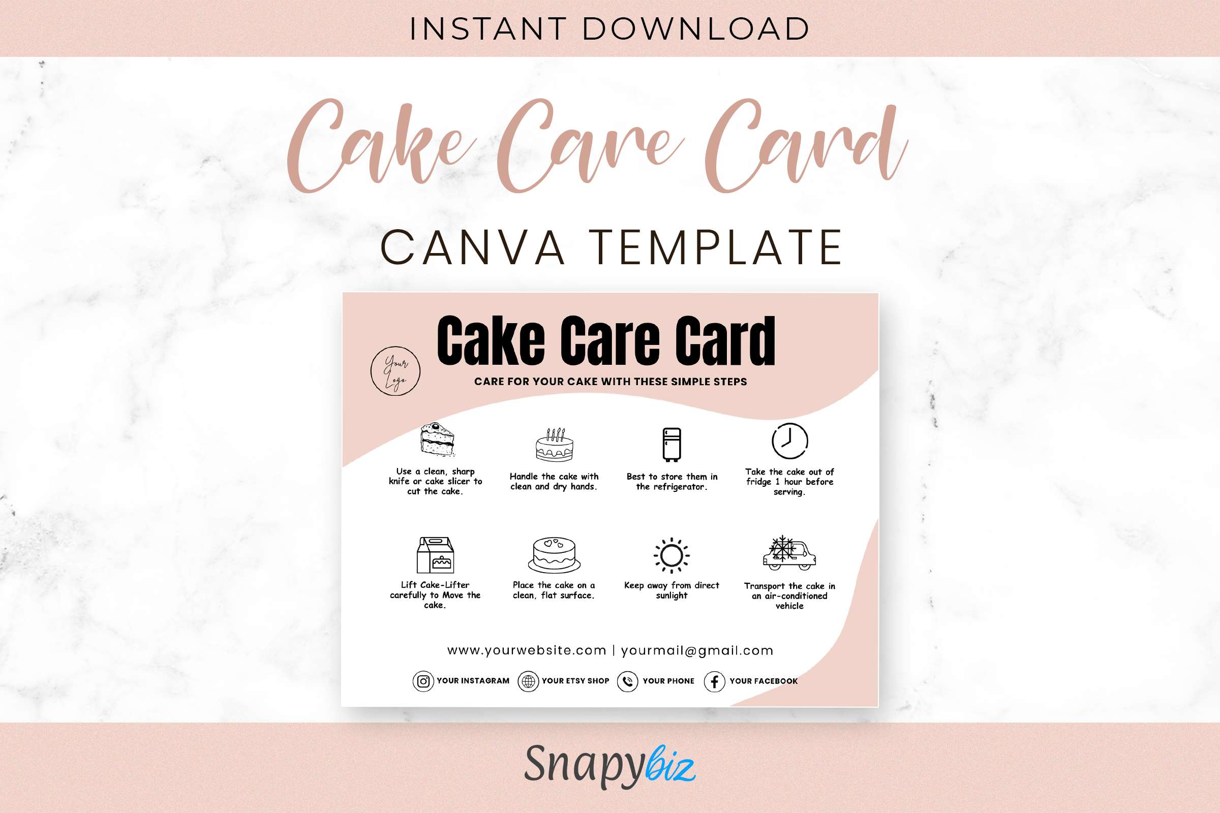Editable Cake Care Card Canva Template | SnapyBiz