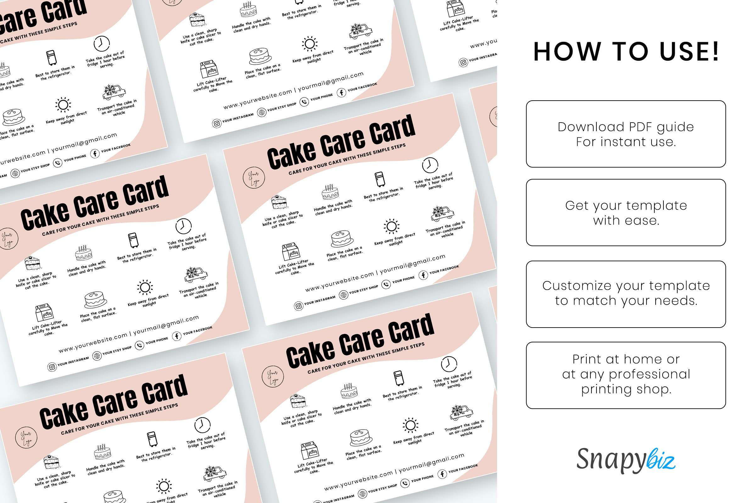 Editable Cake Care Card Canva Template | SnapyBiz