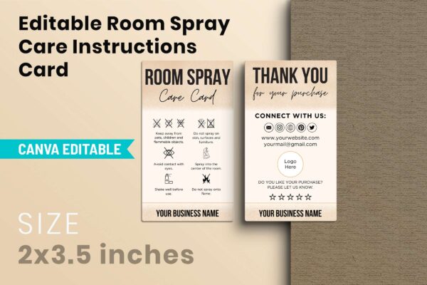 Editable Room Spray Care Instructions Card | SnapyBiz