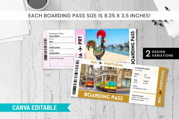 Portugal Trip Surprise Gift Ticket Canva Template | SnapyBiz
