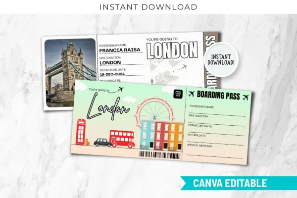 London Trip Surprise Gift Ticket Canva Editable Template | SnapyBiz