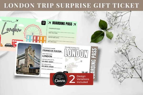 London Trip Surprise Gift Ticket Canva Editable Template | SnapyBiz