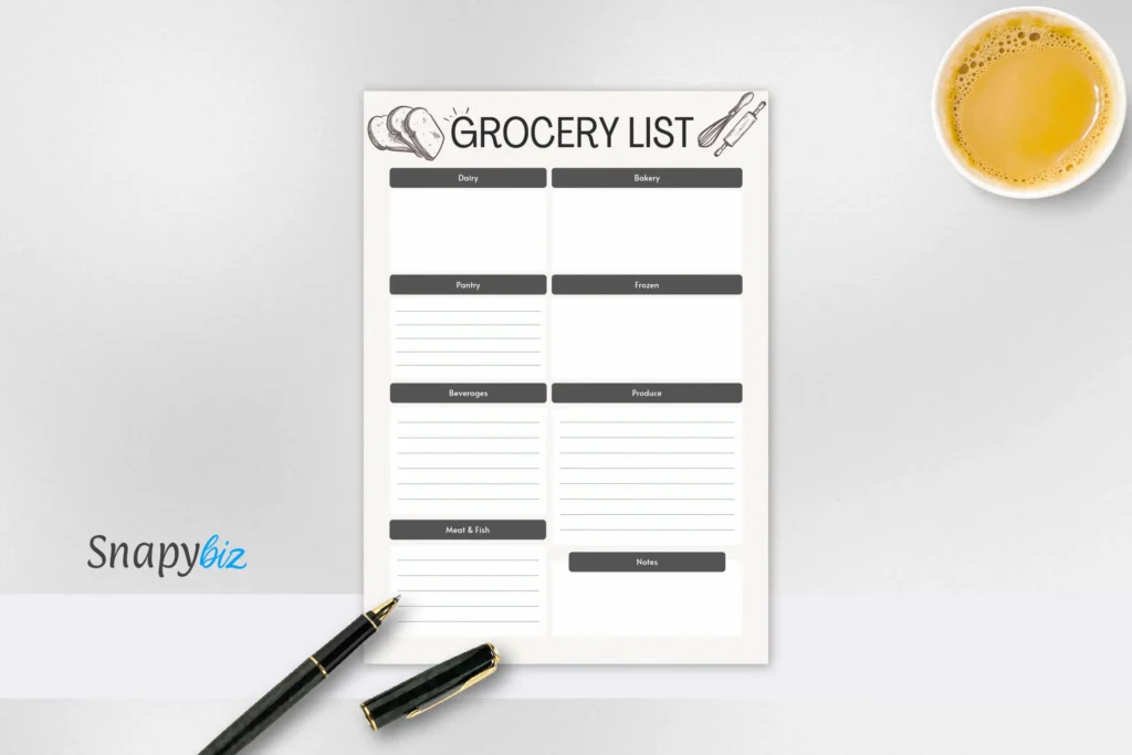 Printable Grocery Shopping List PDF | SnapyBiz