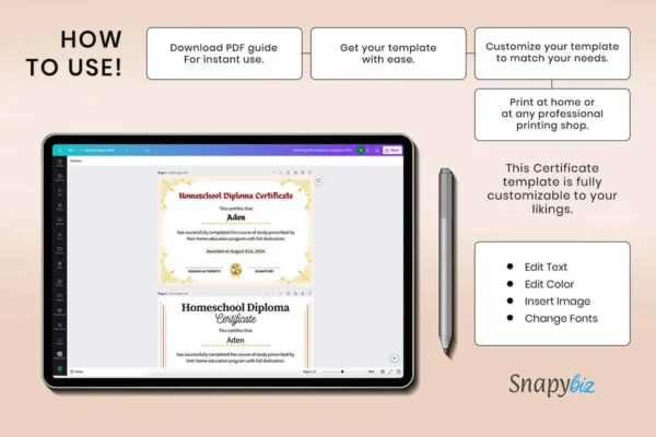 Editable Homeschool Diploma Printable Templates | SnapyBiz