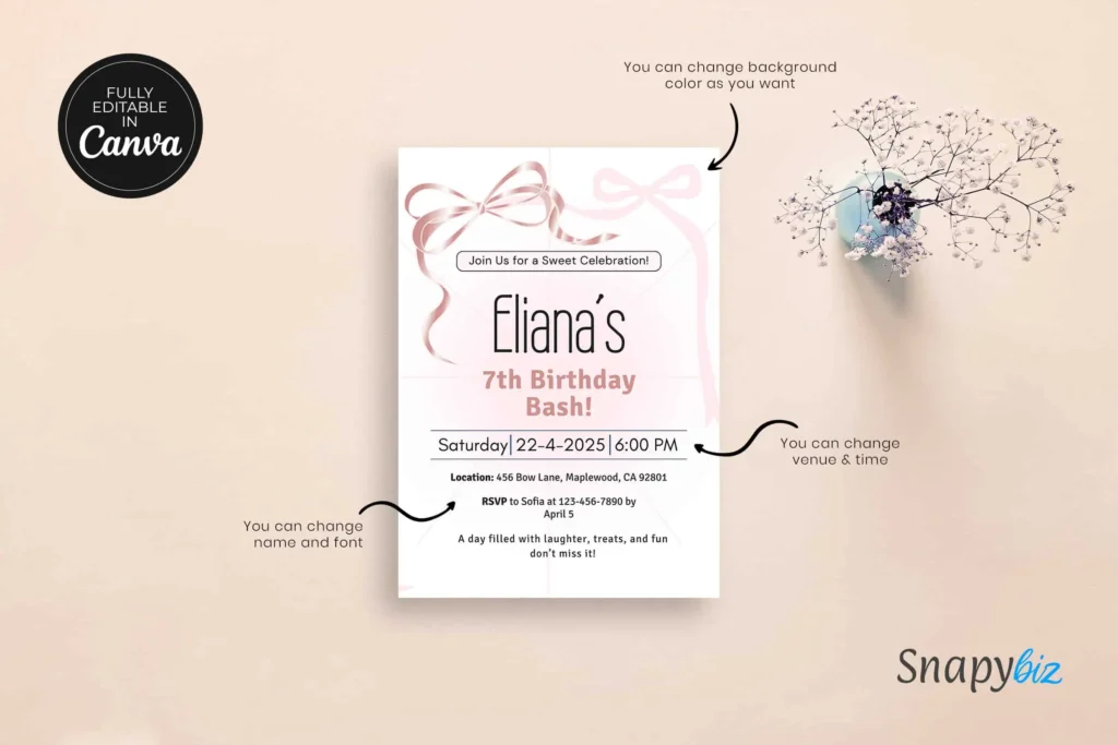 Editable Pink Bow Birthday Invitation Canva Templates | SnapyBiz