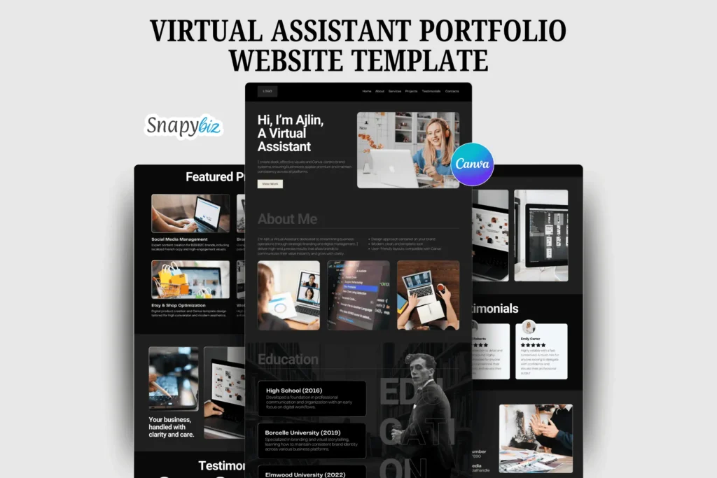 Virtual Assistant Portfolio Website Canva Editable Template | SnapyBiz