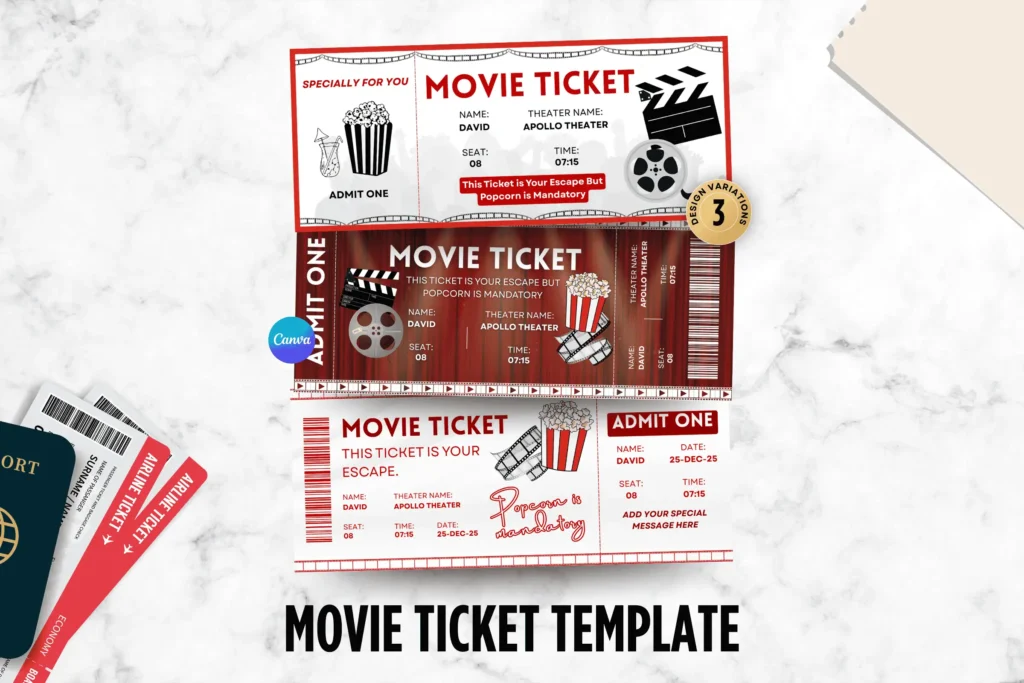Editable Movie Ticket Canva Template | SnapyBiz
