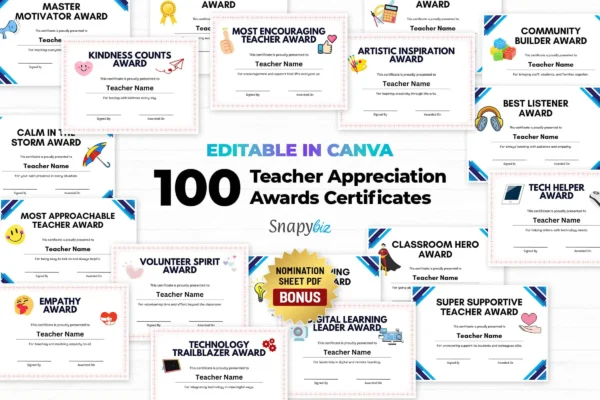 Editable Teacher Appreciation Awards Certificates Templates | SnapyBiz