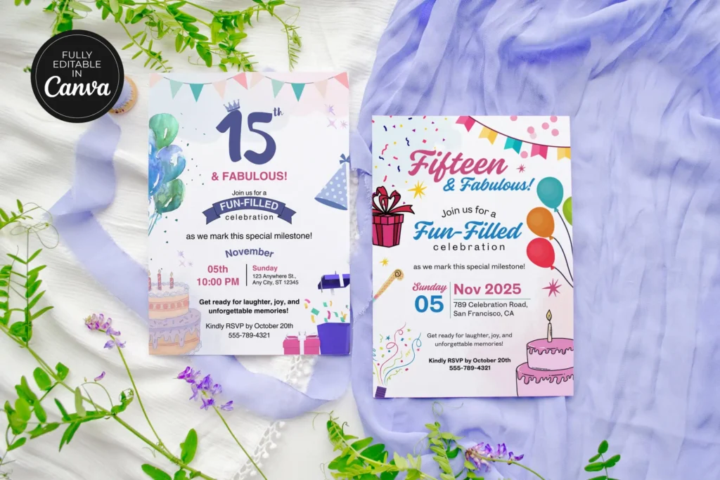 15th Birthday Invitation Canva Card Template | SnapyBiz